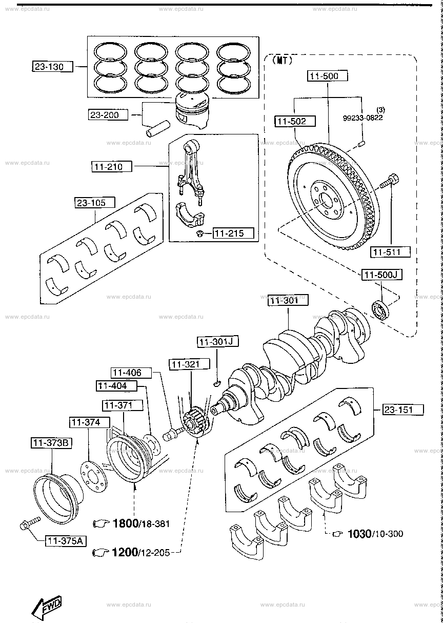 Piston, crankshaft and flywheel for Mazda Bongo Brawny SR, 3 generation ...